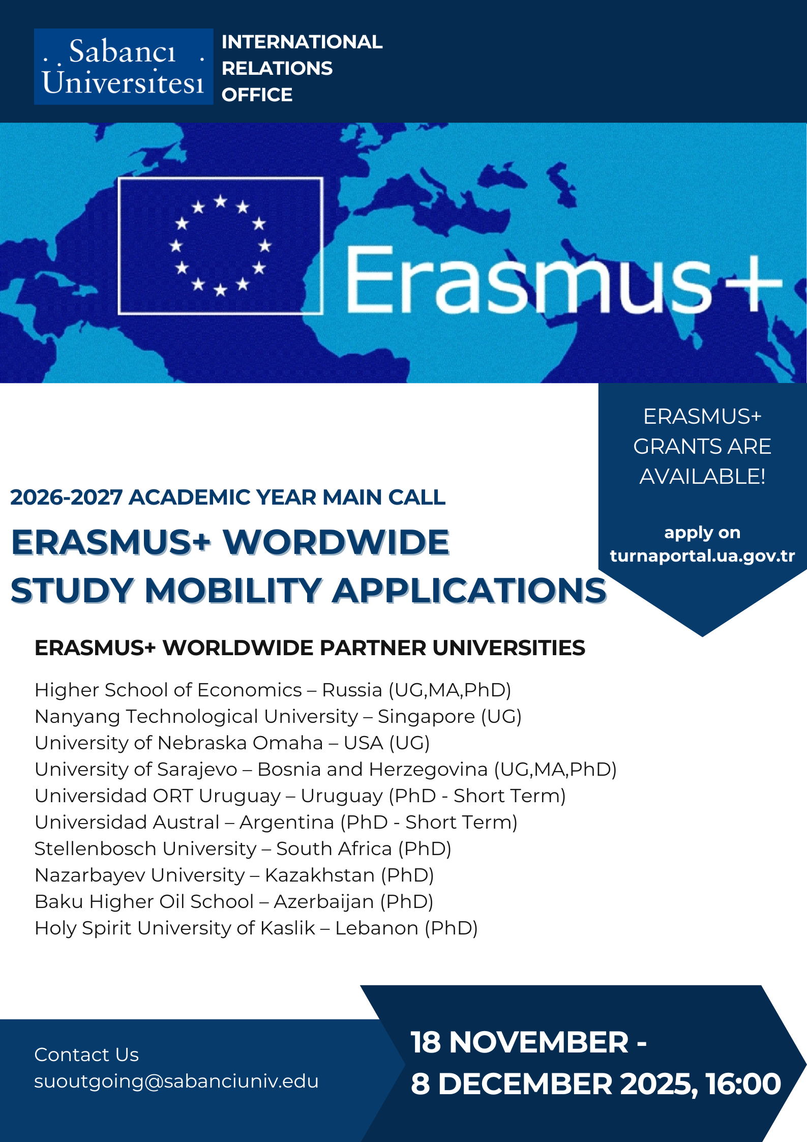 Reminder: Erasmus+ Worldwide Study Mobility Application for 2026-2027 Academic Year | Faculty of ...